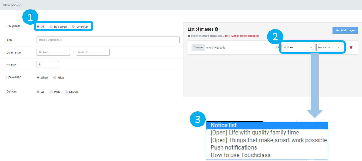 [ADMIN] Pop-up and push link features added