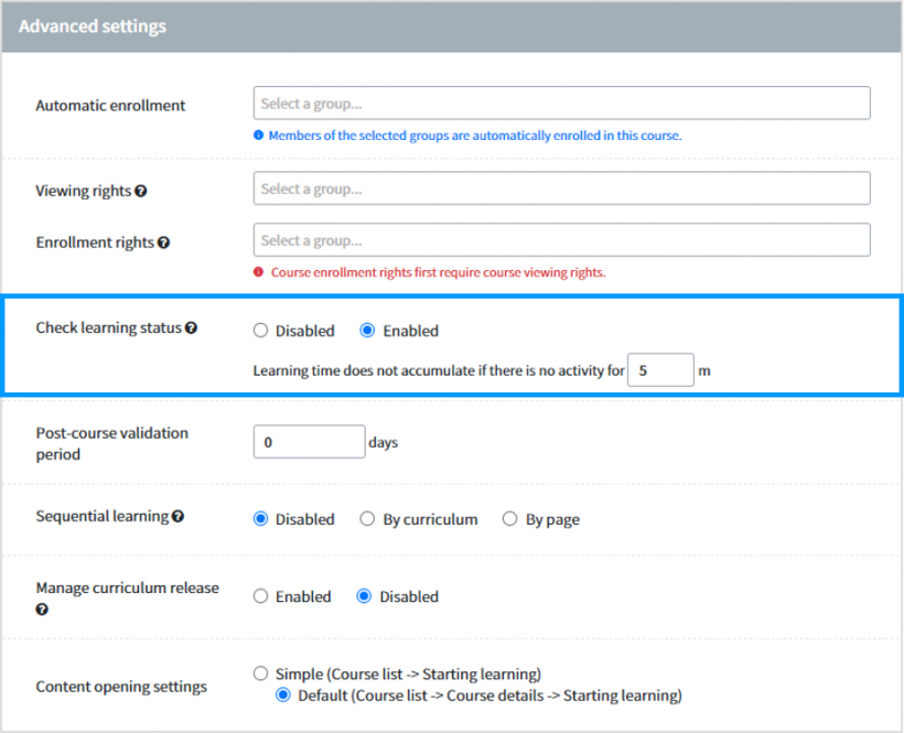 Default settings of content and course changed